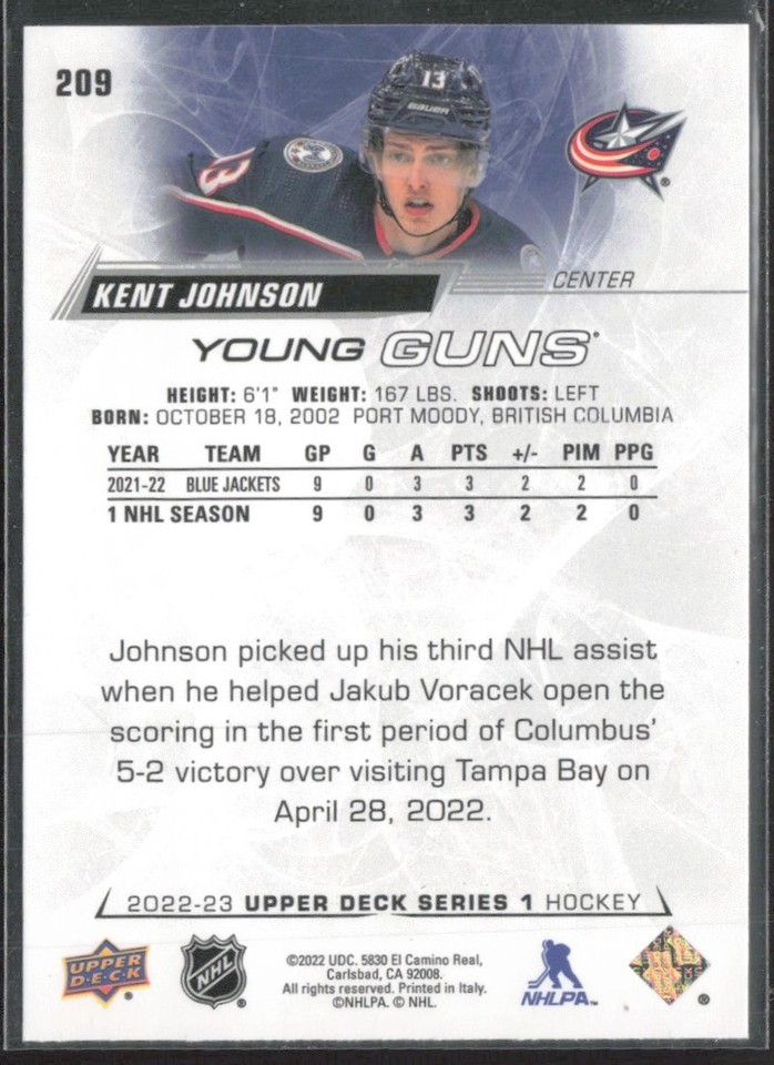 2022-23 UD Series 1 Kent Johnson 209 Young Guns RC | eBay