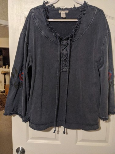 Indigo Thread Denim Front Lace Long Sleeve Top With Embroidery Size ...
