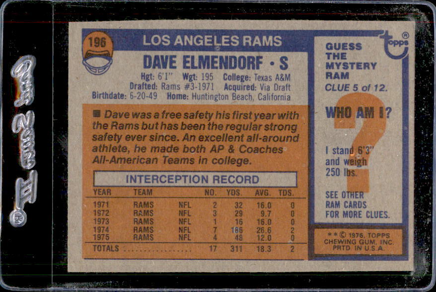 1976 Topps #196 Dave Elmendorf Los Angeles Rams - Nice Card! | eBay