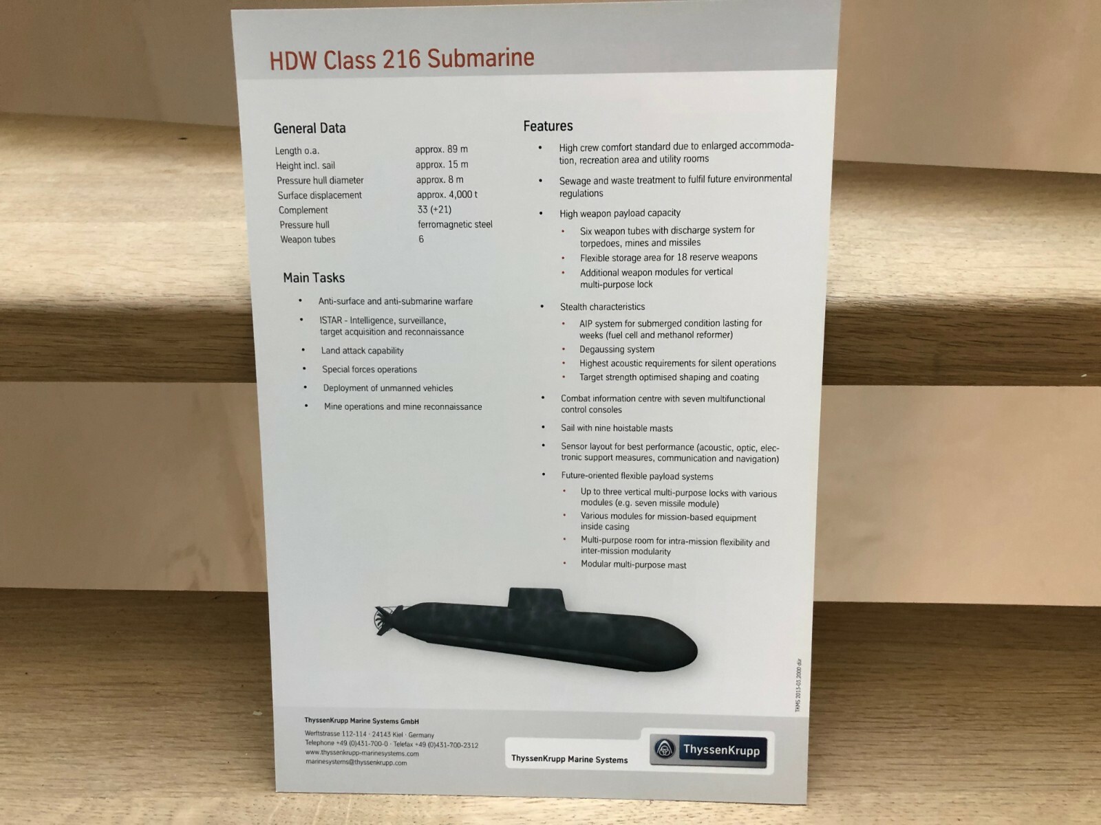 ThyssenKrupp Marine Systems HDW Class 216 submarine brochure (2013) | eBay