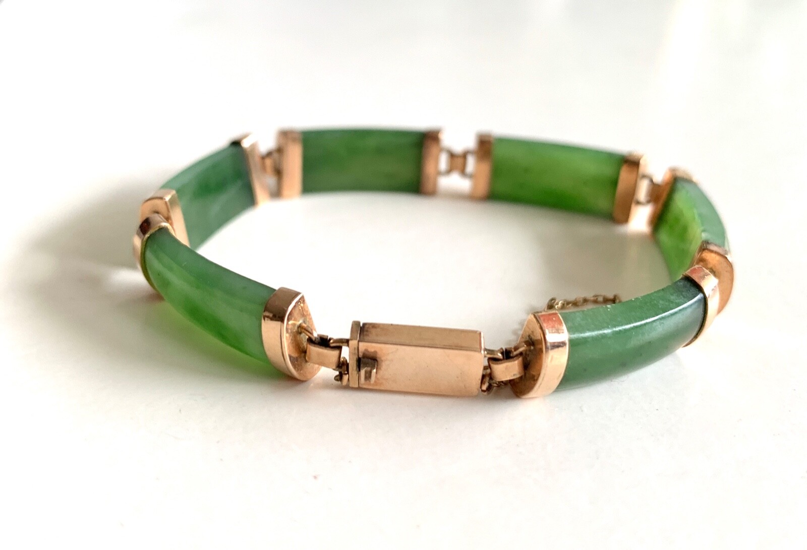 Vintage 14 K Pink Gold Nephrite Jade Curved Bar Link … - Gem