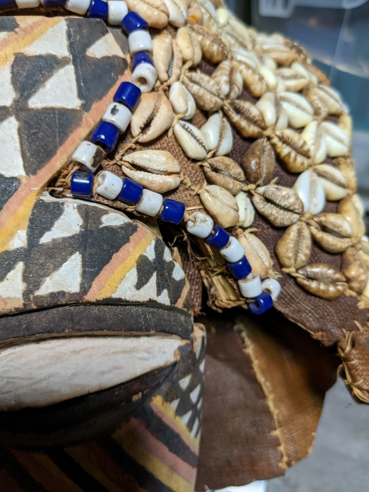 Kuba Beaded Hooded Mask w/Ornate Cowrie Shell Headdress Carved African ...