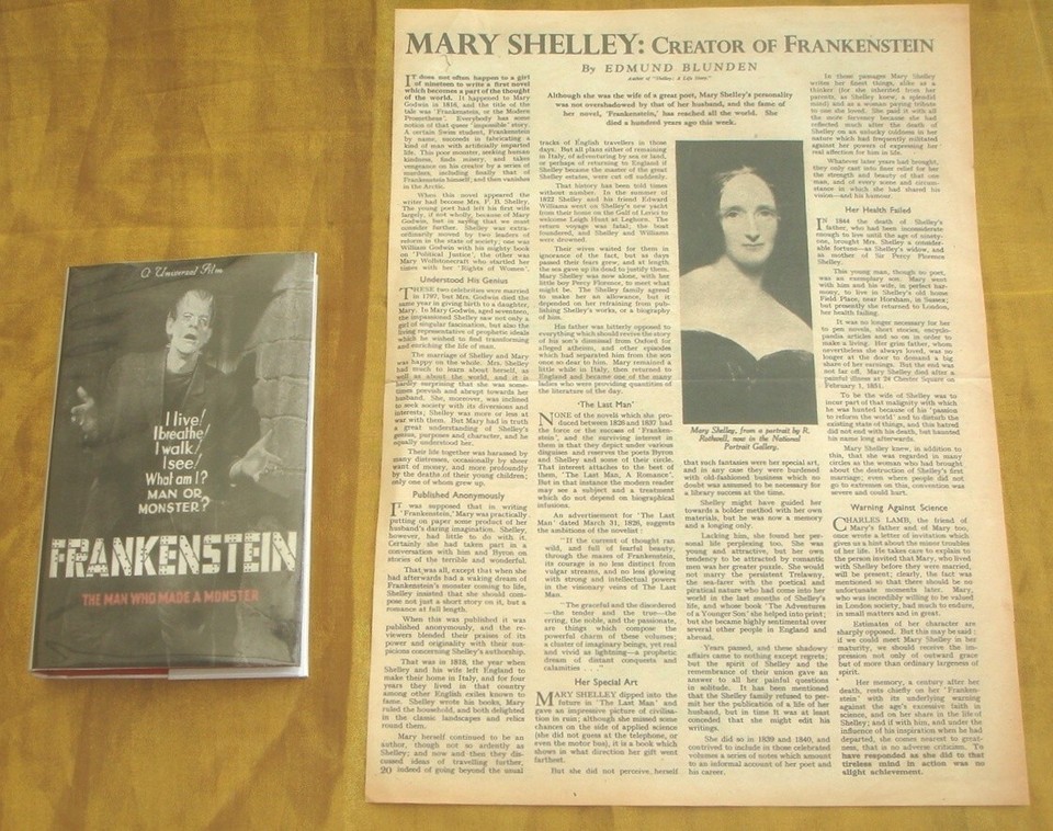 MARY SHELLEY - FRANKENSTEIN - FIRST THUS + DUSTJACKET + BONUS NEWSPAPER ...