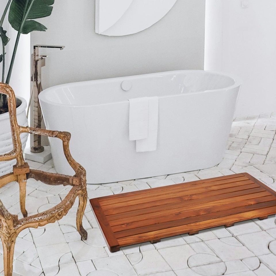Teak Bath Mat, Shower Mat Wood for Bathroom, (40"x18") Wooden Floor Mat ...