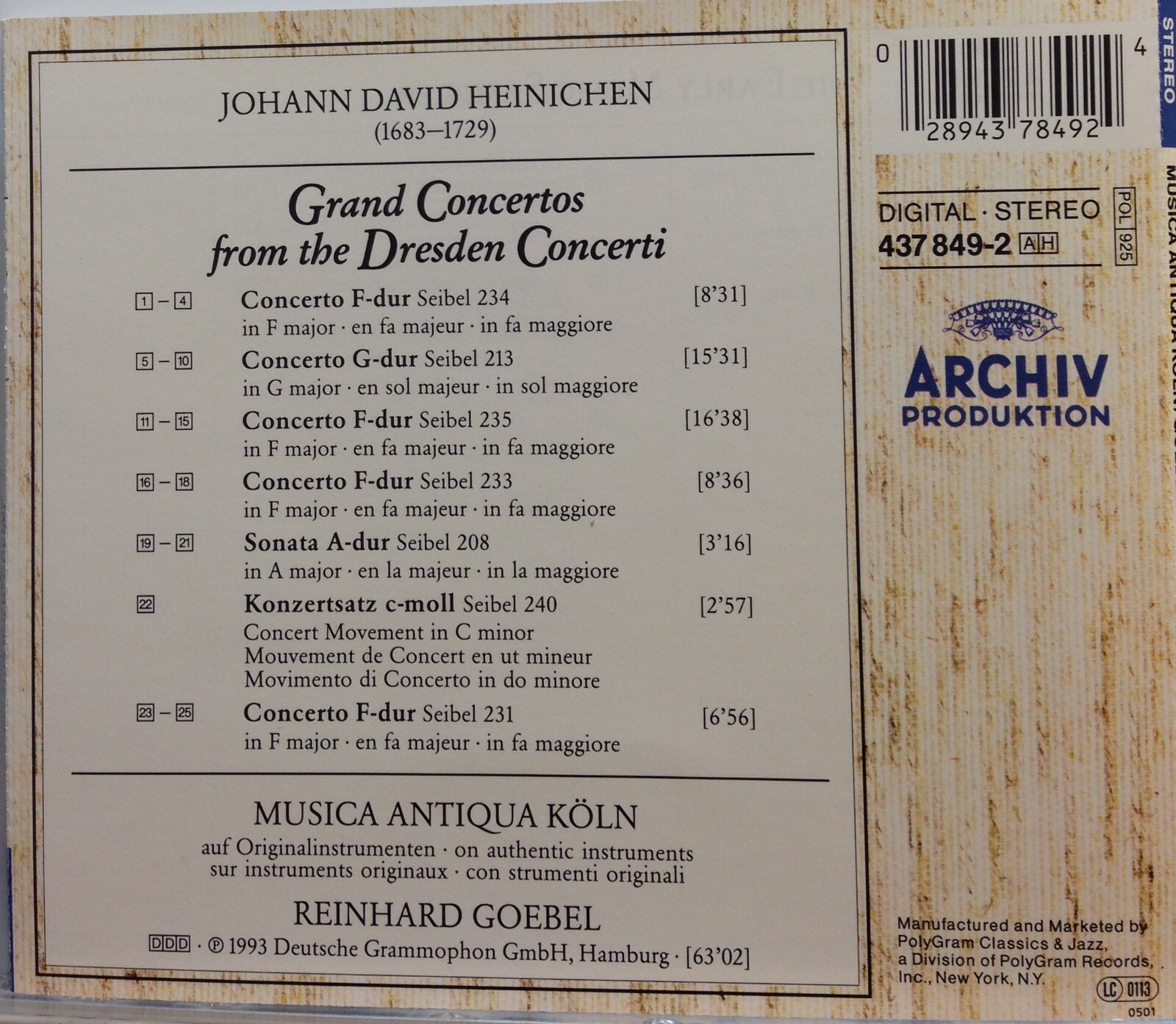 Heinichen, Goebel: Dresden Concerti Highlights (2 CD Set 1993 Archiv ...