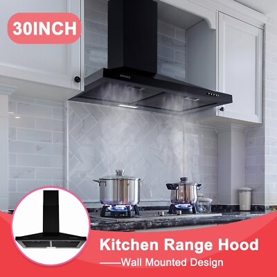 30 INCH Wall Mount Range Hood Vents Kitchen Stove Fan w/LED Black ...