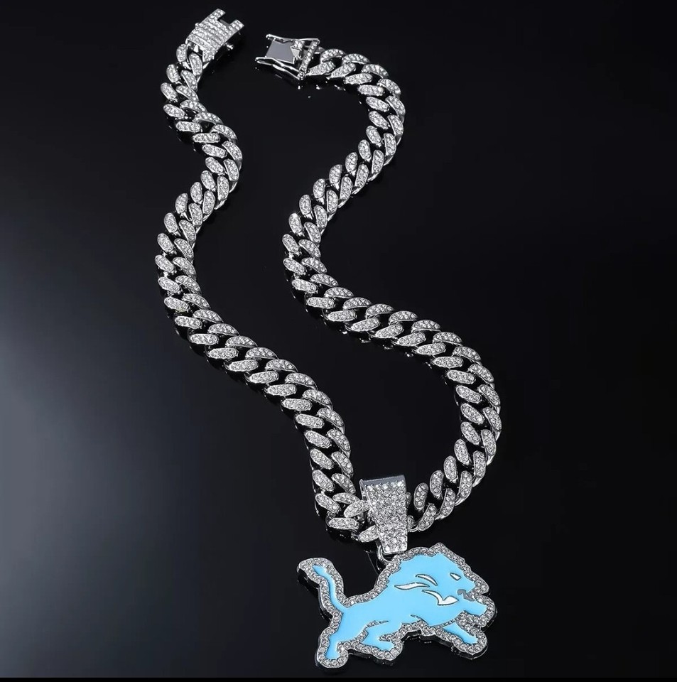 DETROIT LIONS GEM NECKLACE Silver Bling Football Pendant /w 24" Cuban ...