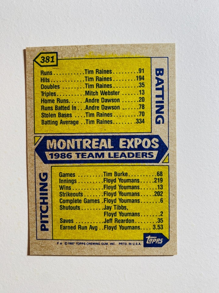 1987 TOPPS #381 EXPOS TEAM LEADERS NM-MT MLB BASEBALL CARD | eBay