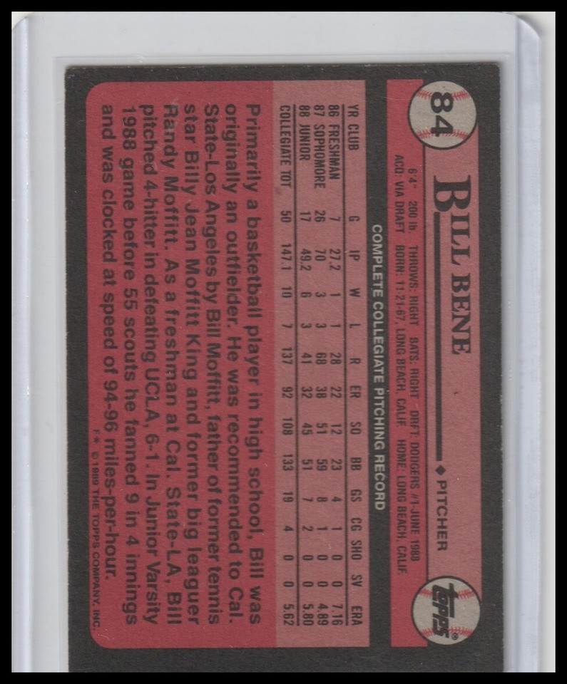 1989 Bill Bene (RC) Topps Baseball 1st Draft Pick #84 LA Dodgers | eBay