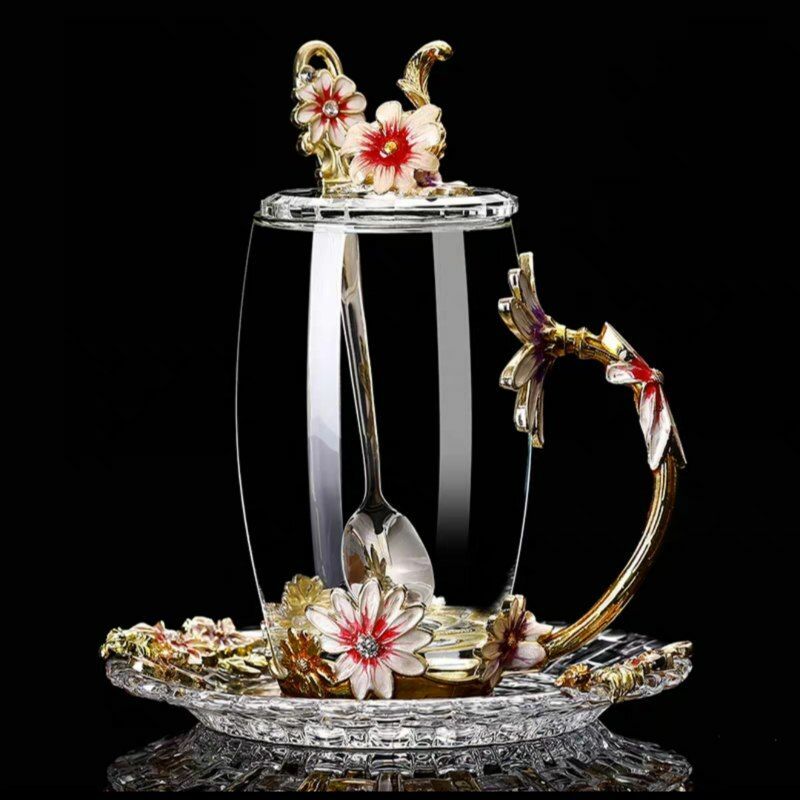 Hand-made Enamel Flower Glass Tea Mug Scented Milk Lemon Juice Coffee ...