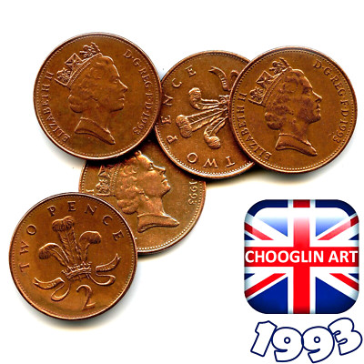 Set of (x5) BRITISH 1993 ELIZABETH II TWO PENCE 2p coins, 31 Years Old ...