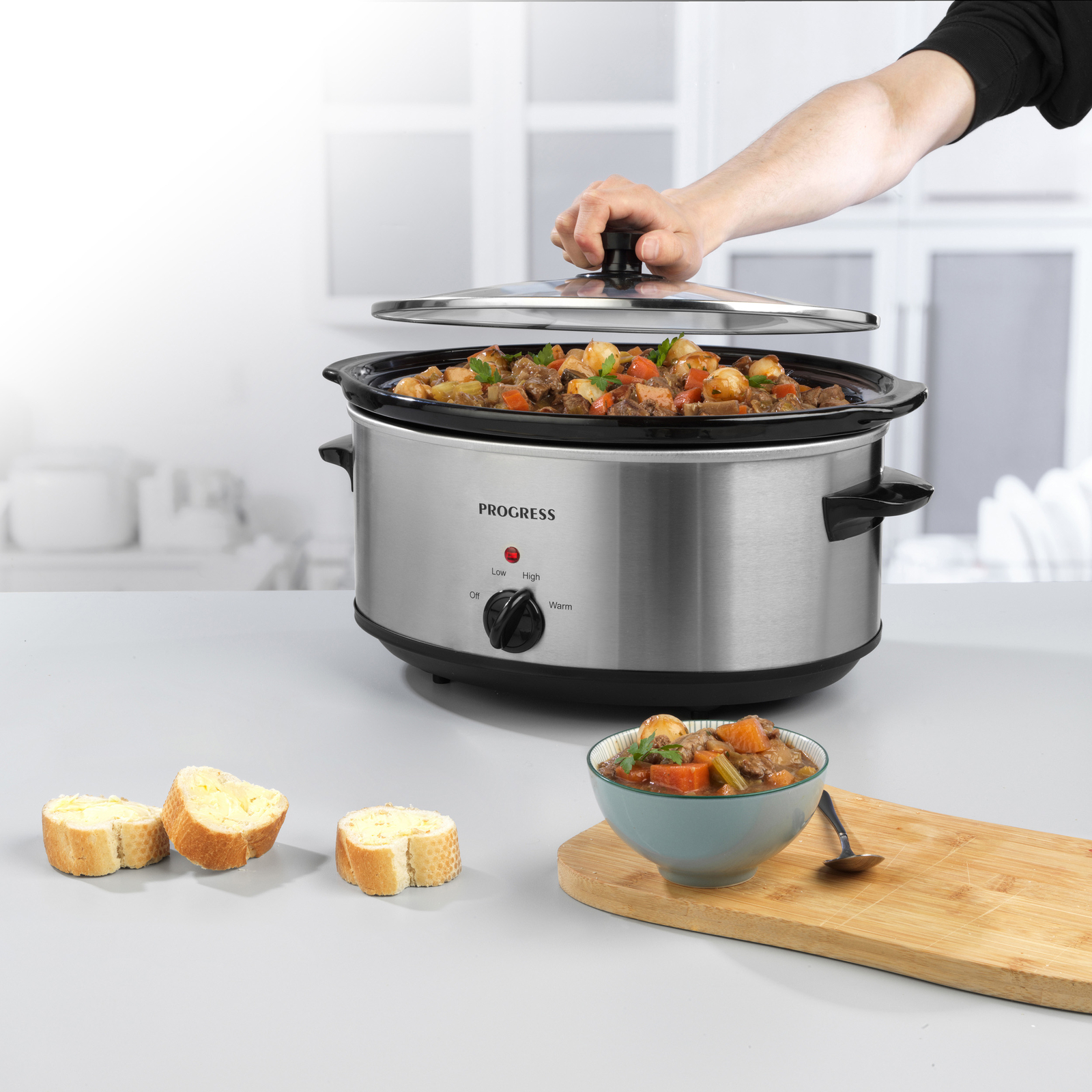 Progress 6.5L Slow Cooker & Glass Lid 3 Heat Settings Removable Cooking ...