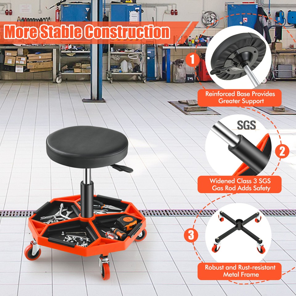 Pneumatic Rolling Mechanic Stool Roller Chair w/ 360°Rotatable Seat ...