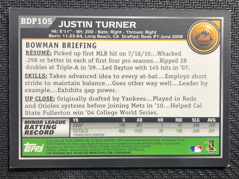 2010 Bowman Draft Picks & Prospects Gold Justin Turner Rookie #BDP105 ...