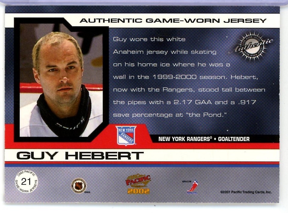 2001-02 Pacific Jerseys #21 Guy Hebert JERSEY /760 - New York Rangers | eBay
