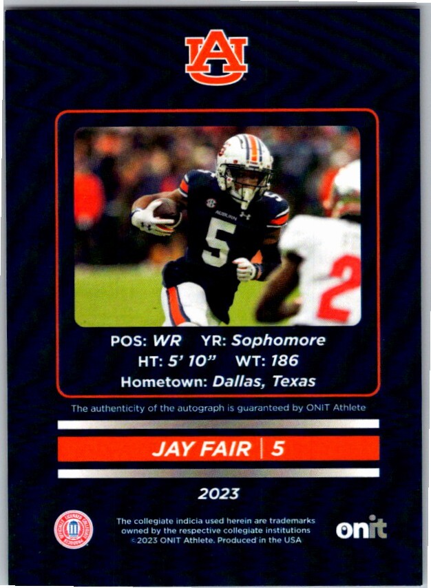 2023 ONIT Football Auto #ed /400 JAY FAIR Auburn Tigers on Card ...