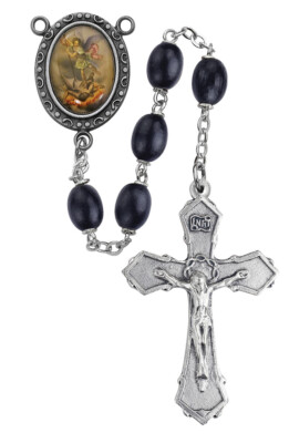 Saint Michael Black Bead Rosary Pewter Plate Center And INRI Crucifix ...