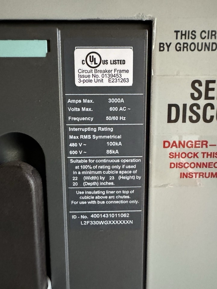 Siemens 3000 Amp Main Breaker CT Cabinet 480/277V 3P4W New WLL2F330 ...