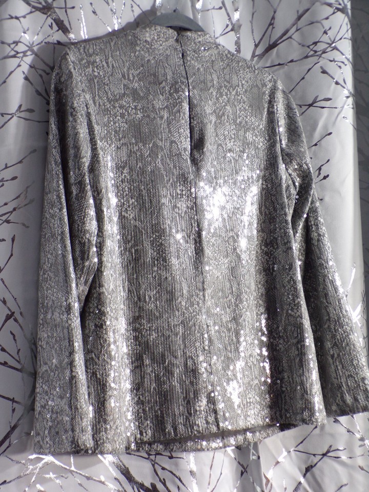 Chico's Silver Gray Solid Sequin Snake Print Top Blouse Size 1 / Medium ...