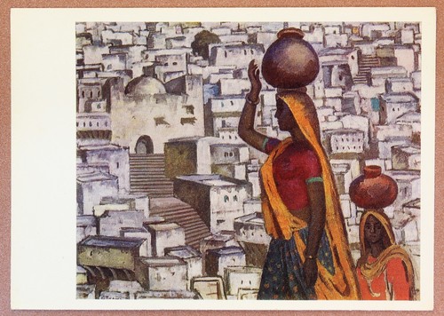 India ethnic woman with her daughter. Jug. Russian postcard 1971 by ...