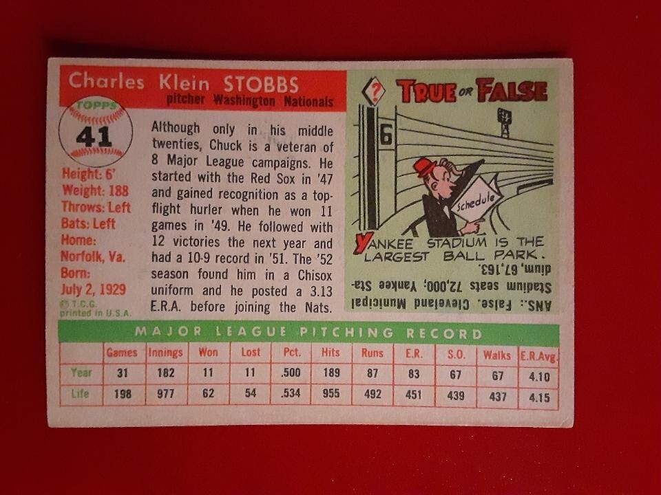 1955 TOPPS #41 CHUCK STOBBS WASHINGTON NATIONALS VG/EX+ | eBay