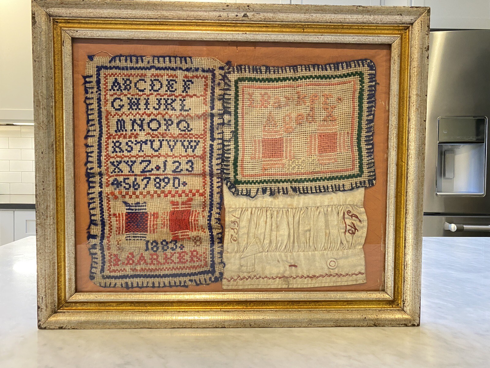Rare Antique American Collage Needlework Sampler L. Barker 1883 | eBay