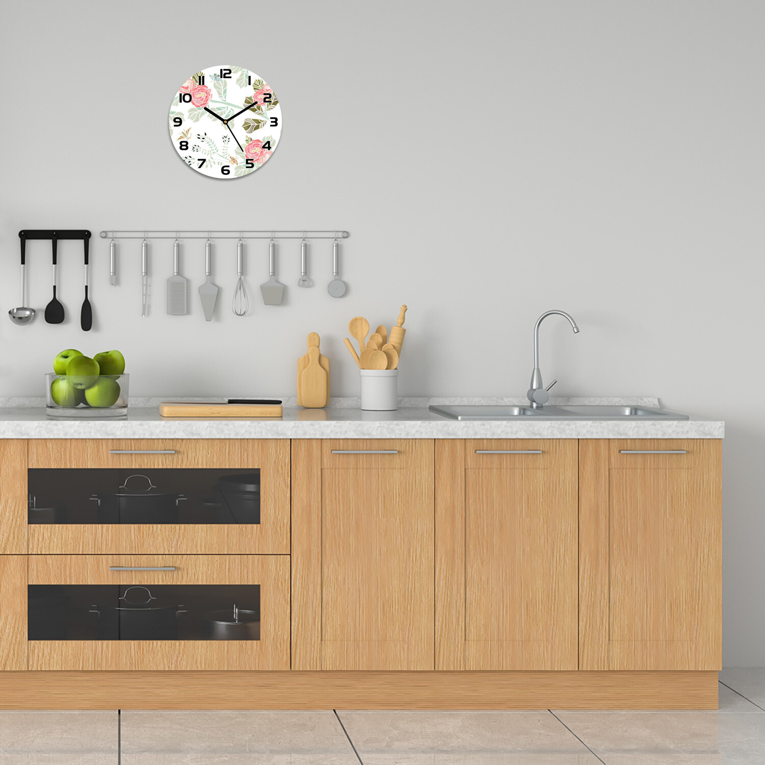 Glass Wall Clock Pastel Flowers with butterflies Floral Watercolour ...