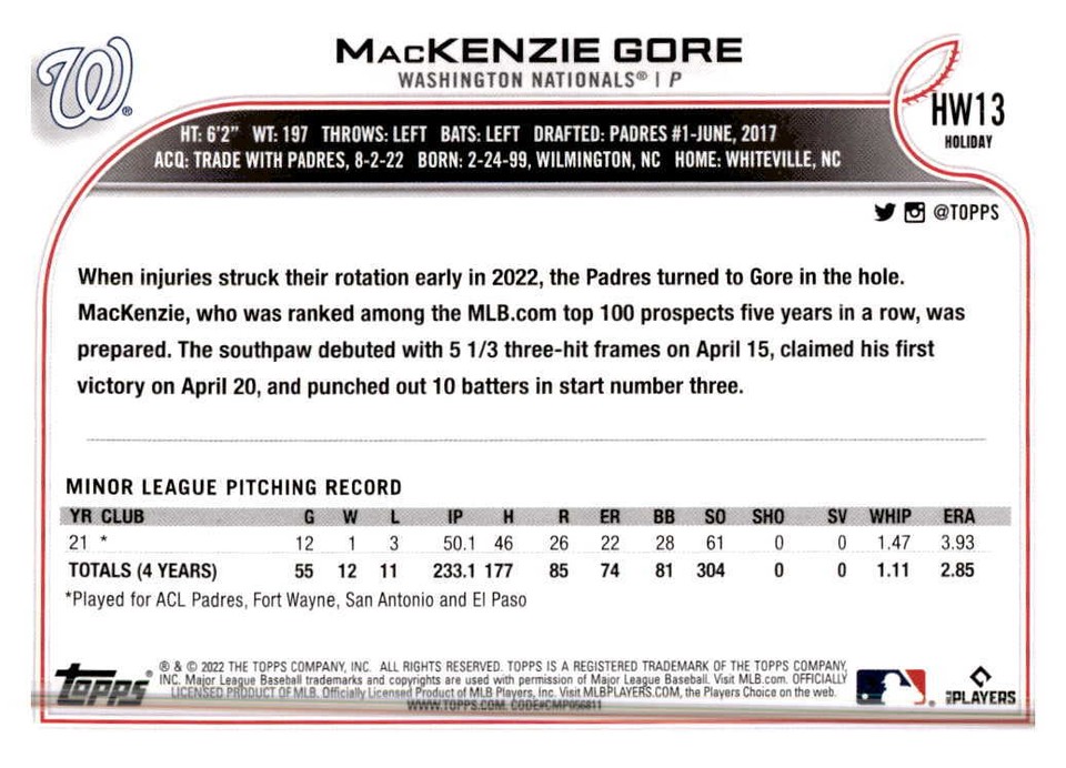 2022 Topps Holiday MacKenzie Gore RC HW13 | eBay