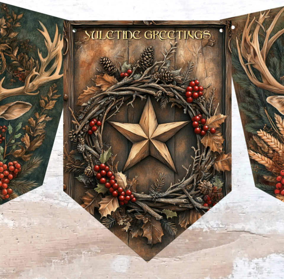 Rustic Wiccan Pagan Yuletide Woodland Christmas Bunting/Banner & Ribbon ...