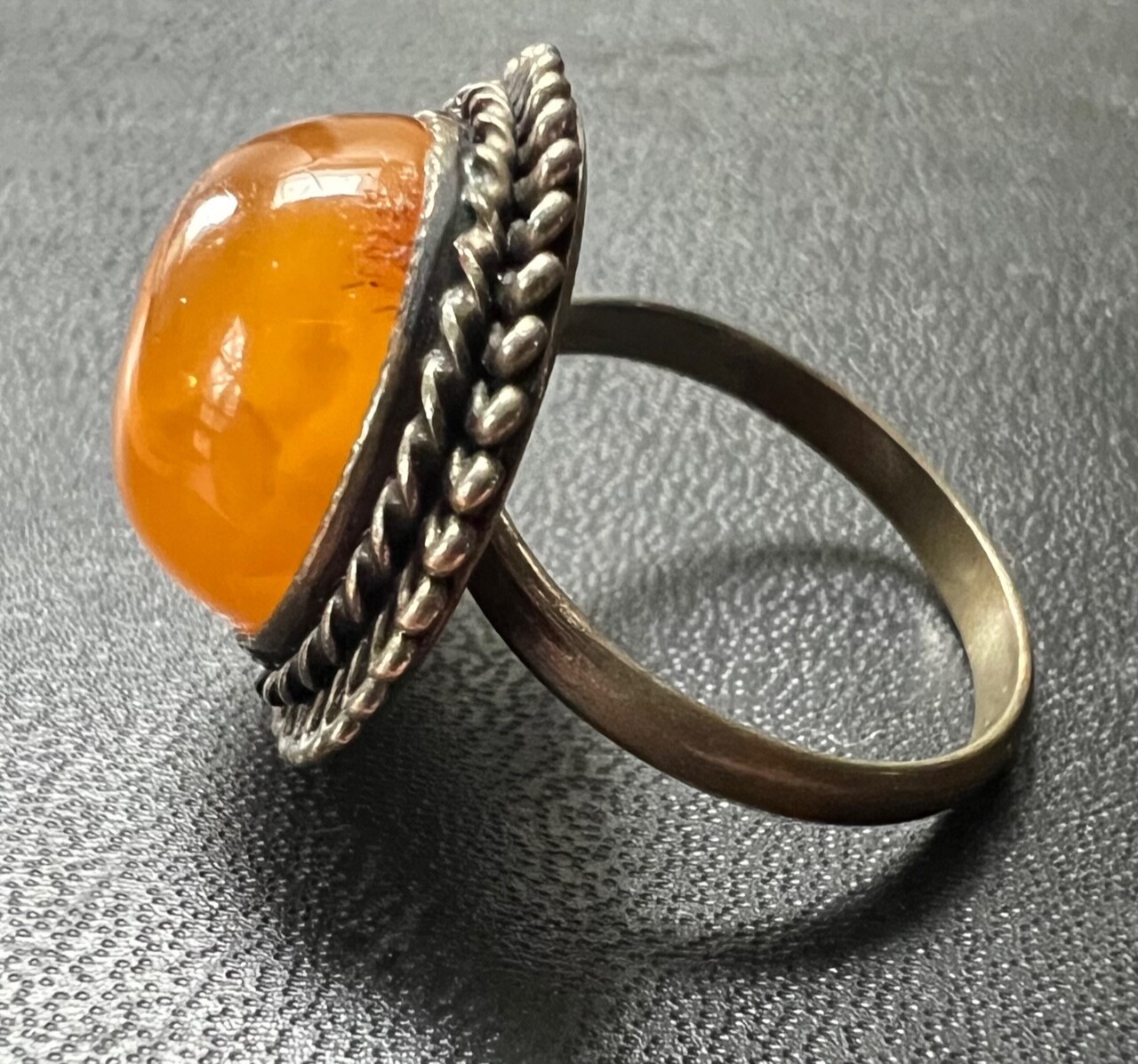 Large Round Vintage Early 1900s Silver Amber Ring fro… - Gem