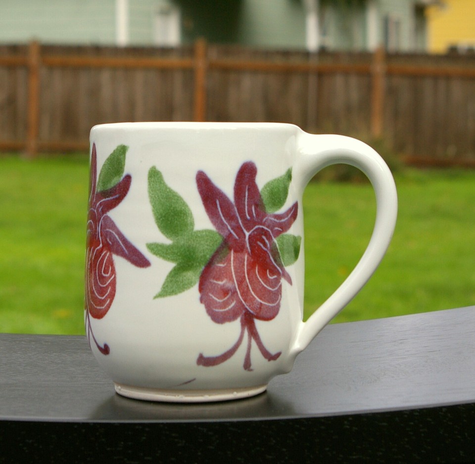 White Glazed Fuchsia Flower Pottery Coffee Mug 4" Tall Floral Signed by ...