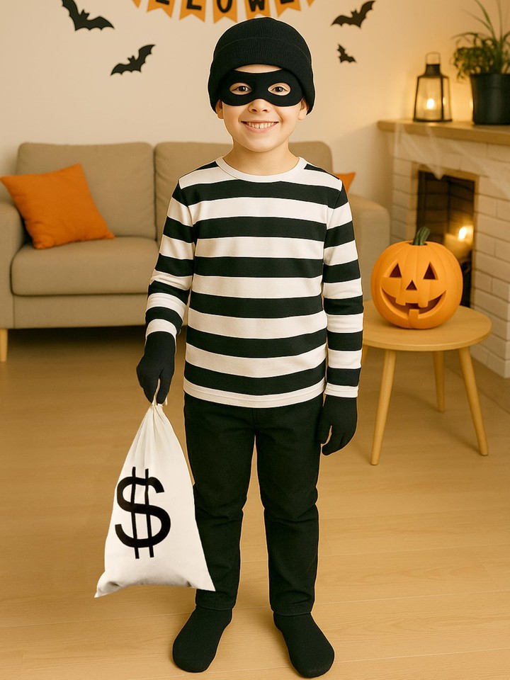 Robber Cosplay Set for Boy, Black and White Striped Shirt Beanie Cap ...