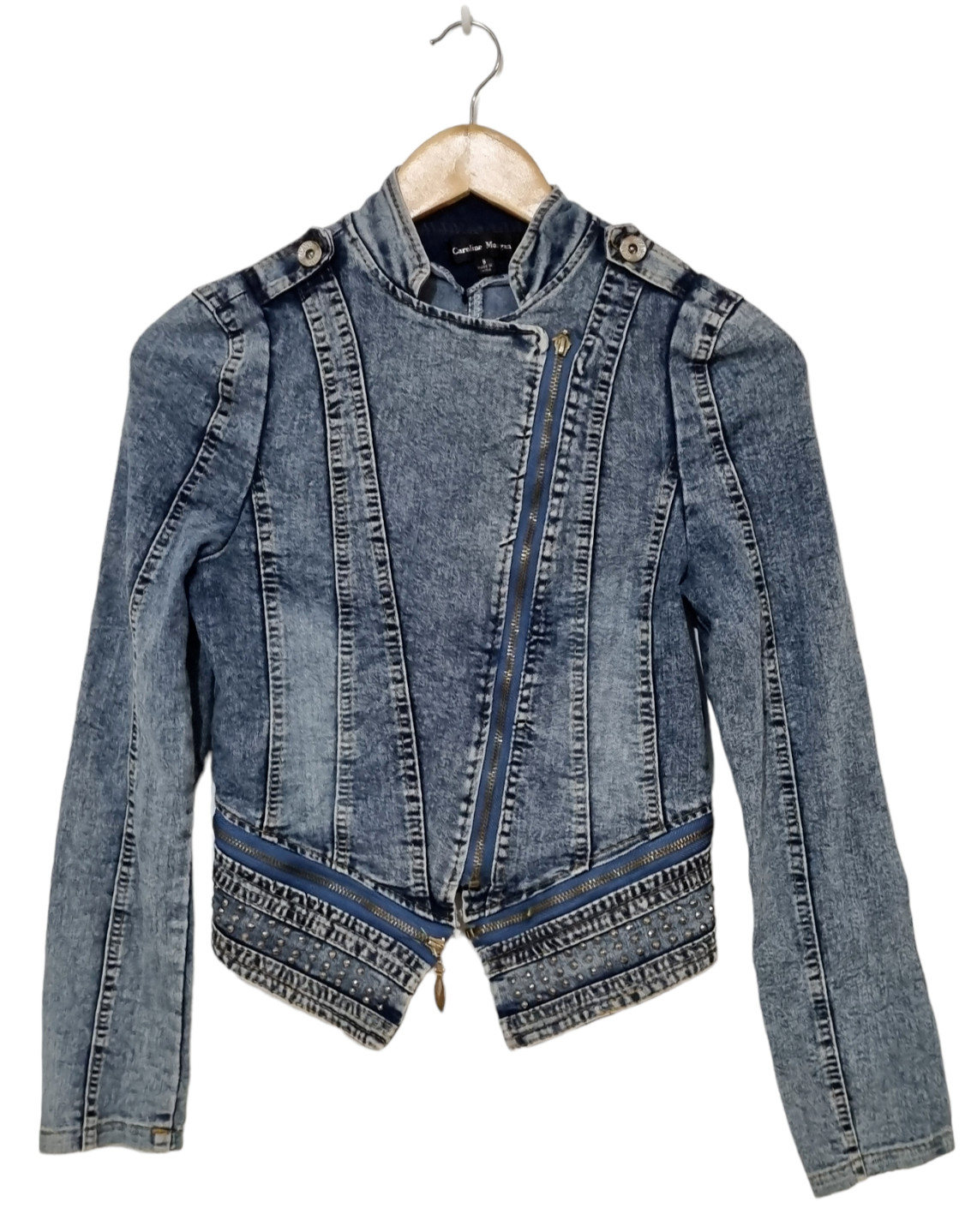 Caroline Morgan Blue Denim Biker Stretch Zip Rhinesto… - Gem