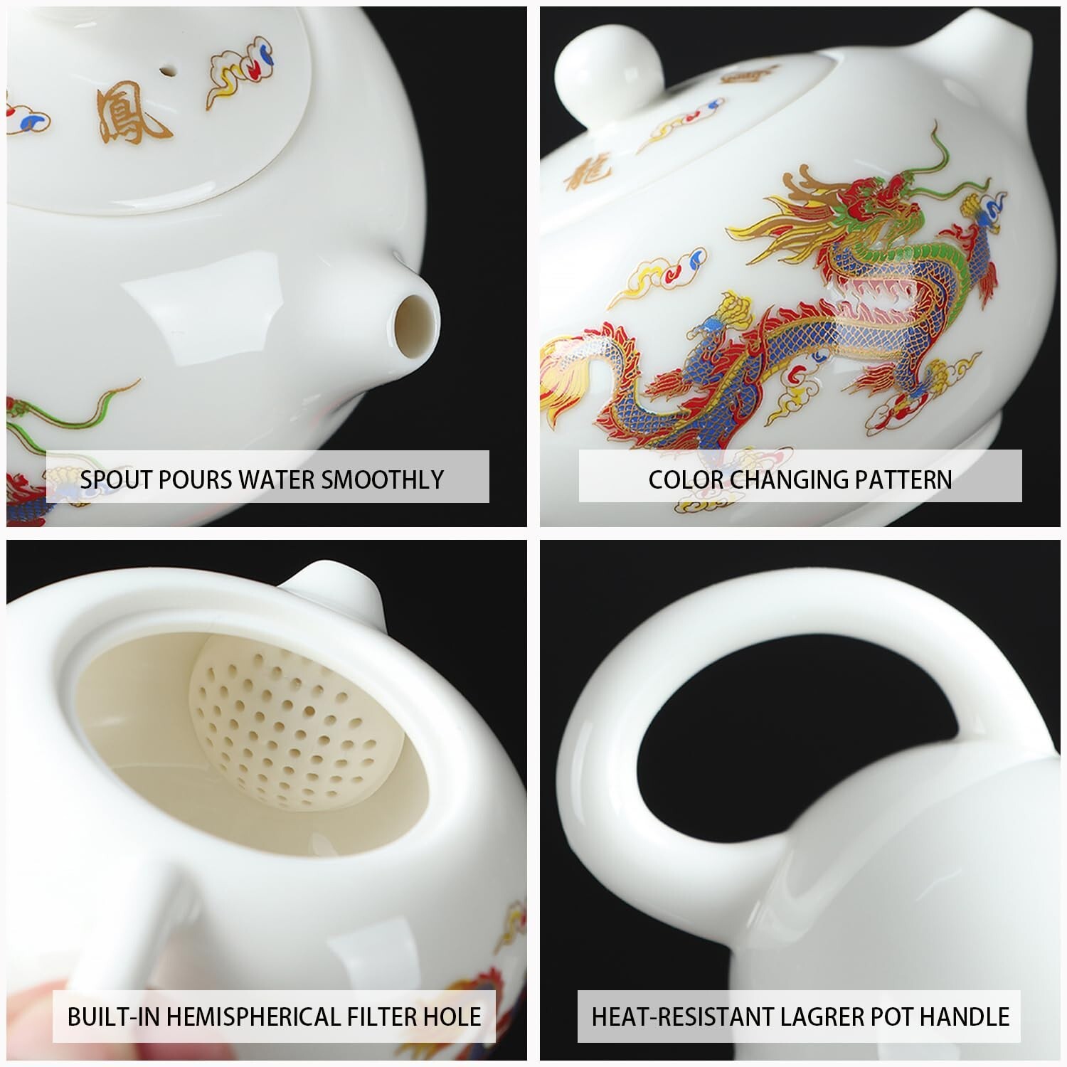Dragon And Phoenix Color-changing White Porcelain Teapot 2 Cups Chinese ...