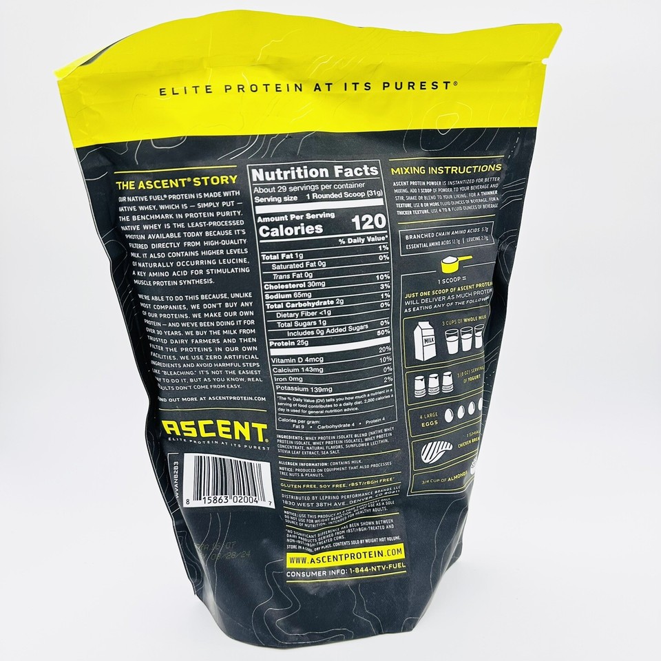 Ascent Native Fuel 100% Whey Protein Powder - Vanilla Bean 2 LB Exp 08/ ...