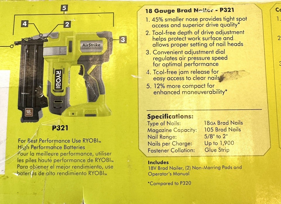 Ryobi ONE+ 18V AirStrike 18 Gauge Brad Nailer Cordless Tool Only Model ...