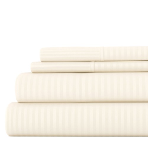 4 Piece Ivory Striped Embossed Bed Sheet Set, Queen, Machine washable ...