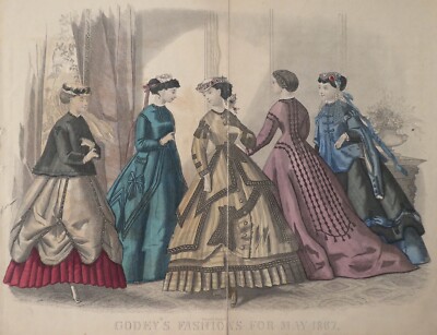 Antique Hand Colored Engraving GODEY’S Lady Victorian Fashion Dress MAY ...