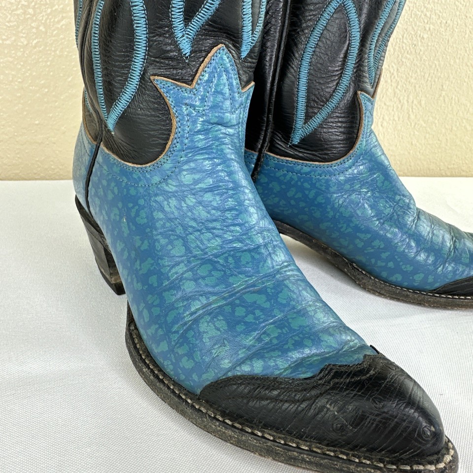 Vtg Tony Lama Cowboy Boots Lizard Wingtip Black Label Turquoise 2 Tone ...
