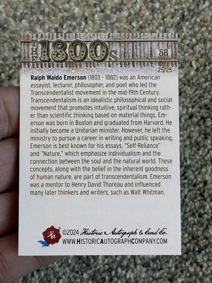 Ralph Waldo Emerson 25/25 #58 2024 Historic Autographs 1800’s | eBay