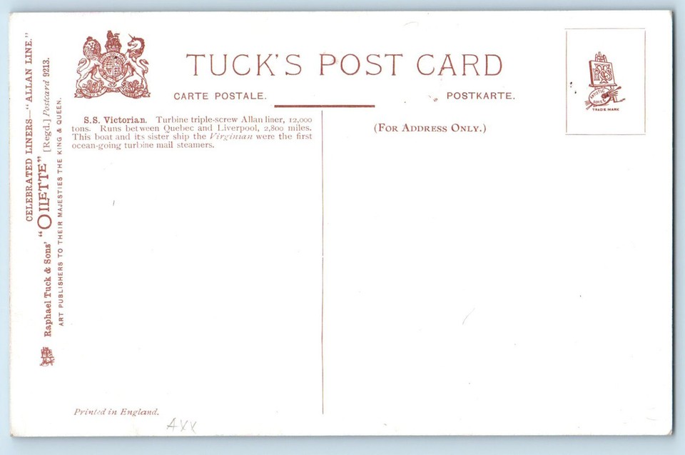 Postcard SS Victorian Turbine c1910 Unposted Allan Line Oilette Tuck ...
