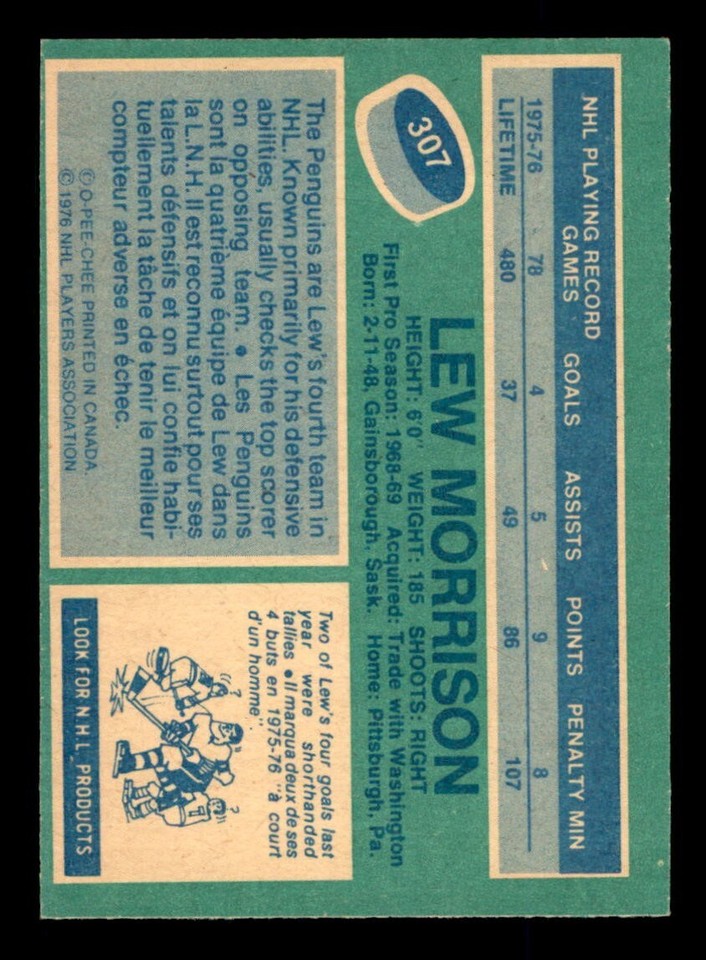 1976 OPC O-Pee-Chee Hockey #307 Lew Morrison NM/MT | eBay