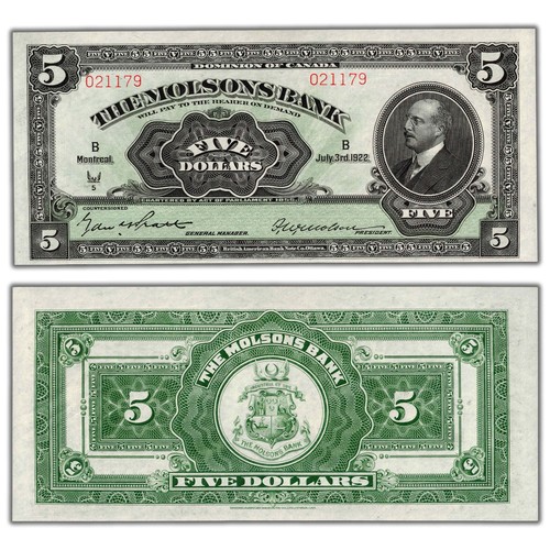 $5 1922 The Molsons Bank Canada Chartered Note #490-40-02 - Choice UNC ...