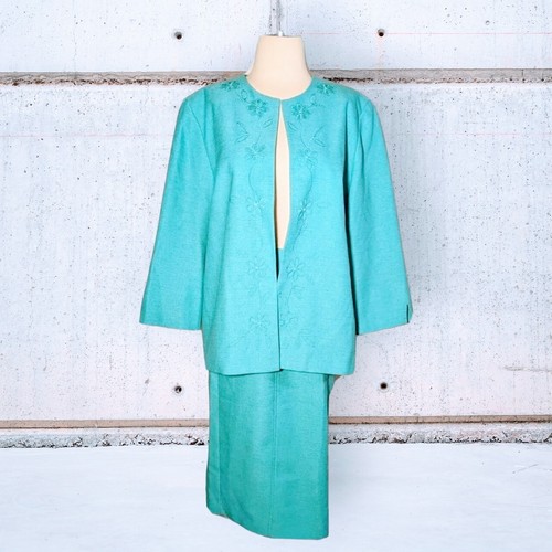 ALFRED DUNNER Skirt Blazer 2 Pc Suit AQUA Blue EMBROIDERED Beaded Women ...
