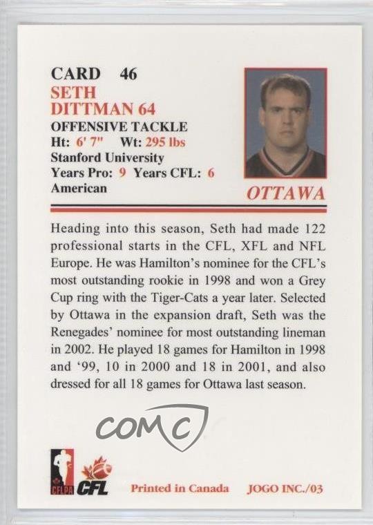 2003 Jogo CFL Seth Dittman #46 | eBay