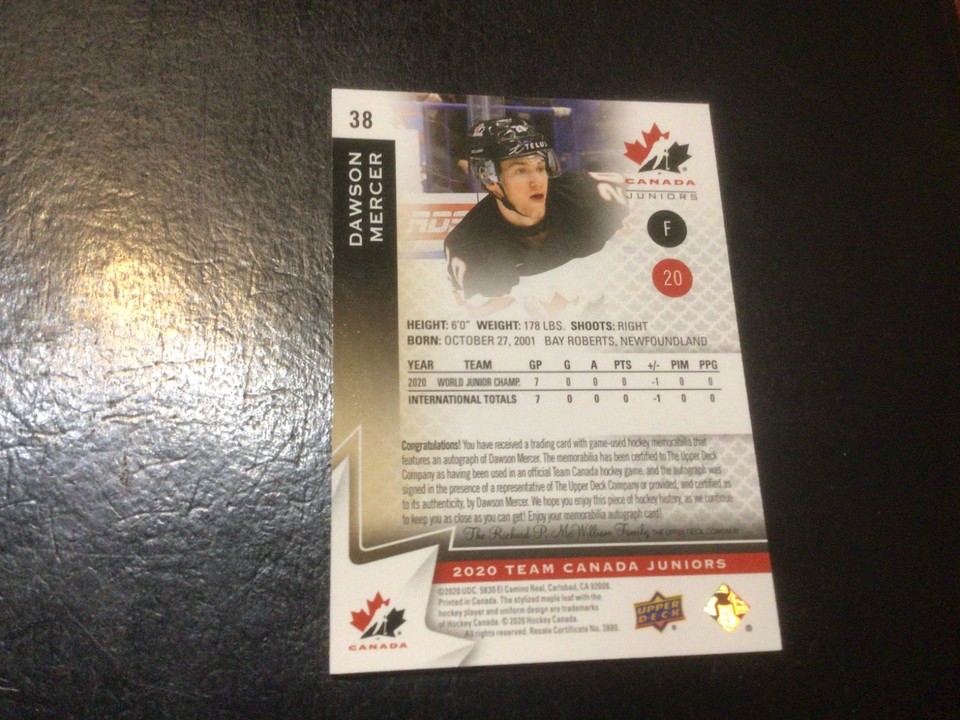 2020 Team Canada Juniors # 38 Dawson Mercer Signature Jersey.Serial #,d ...