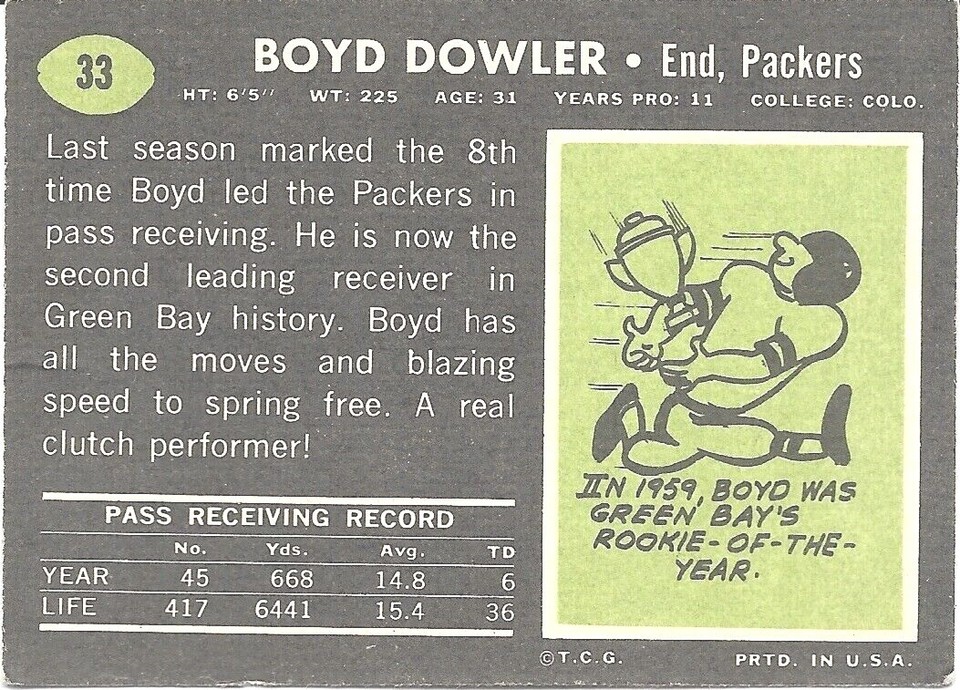 1969 Topps Boyd Dowler 33 Green Bay Packers Football Card Vintage | eBay