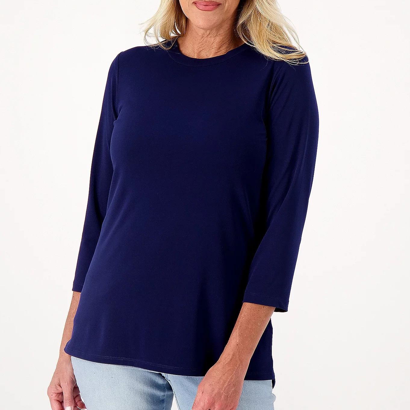 Susan Graver Modern Essentials Size 1X Navy 3/4 Sleeve Liquid Knit Crew-Neck Top | eBay