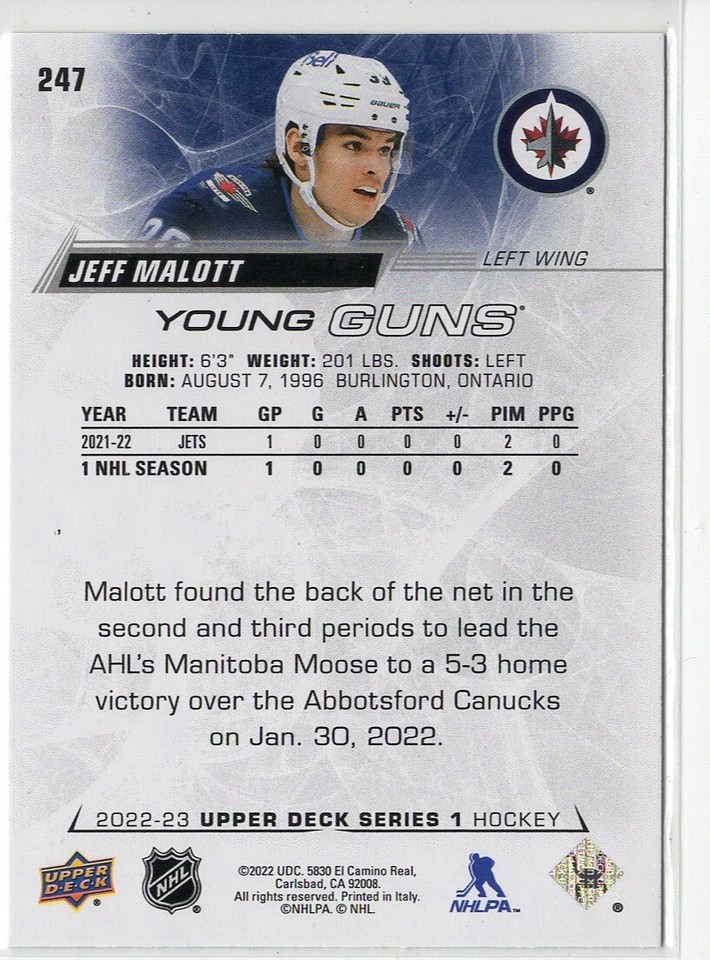 2022/23 UD Series 1 Young Guns #247 Jeff Malott Winnipeg Jets | eBay