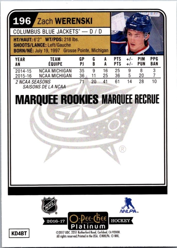 2016-17 O-Pee-Chee Platinum #196 Zach Werenski RC | eBay